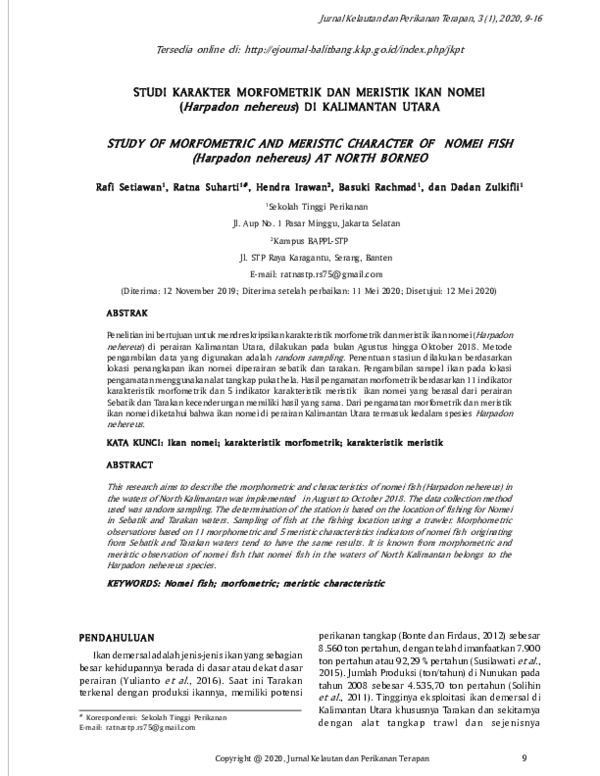 (PDF) Studi Karakter Morfometrik Dan Meristik Ikan Nomei (Harpadon Nehereus) DI Kalimantan Utara ...