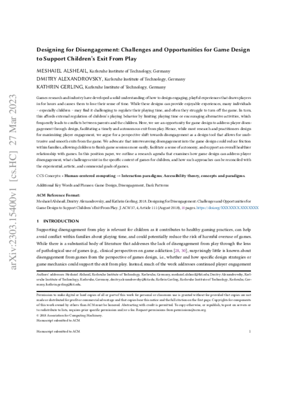 (PDF) Designing for Disengagement: Challenges and Opportunities for Game Design to Support ...