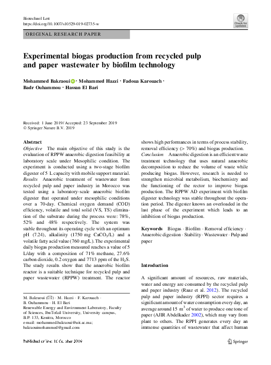 (PDF) Experimental biogas production from recycled pulp and paper ...