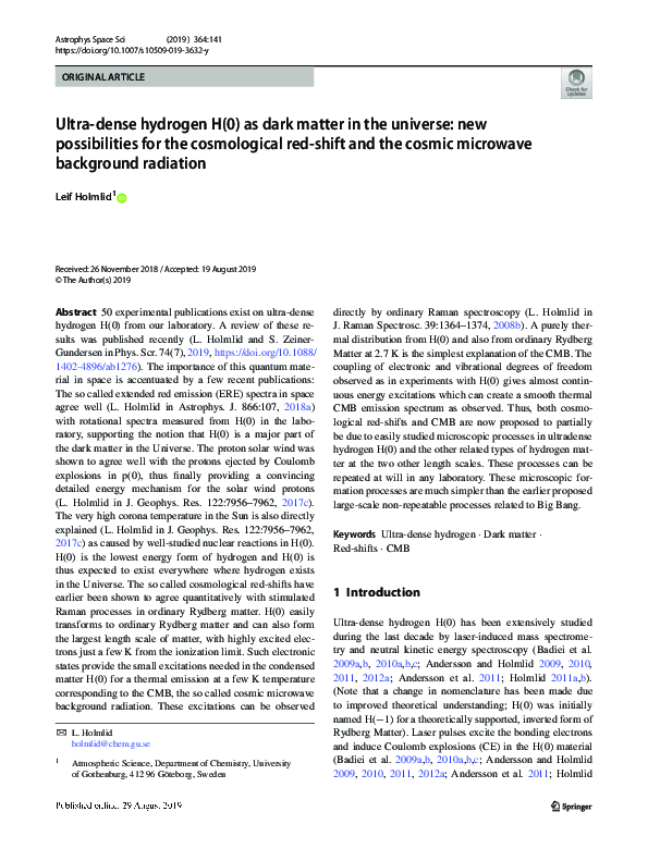 (PDF) Ultra-dense hydrogen H(0) as dark matter in the universe: new ...