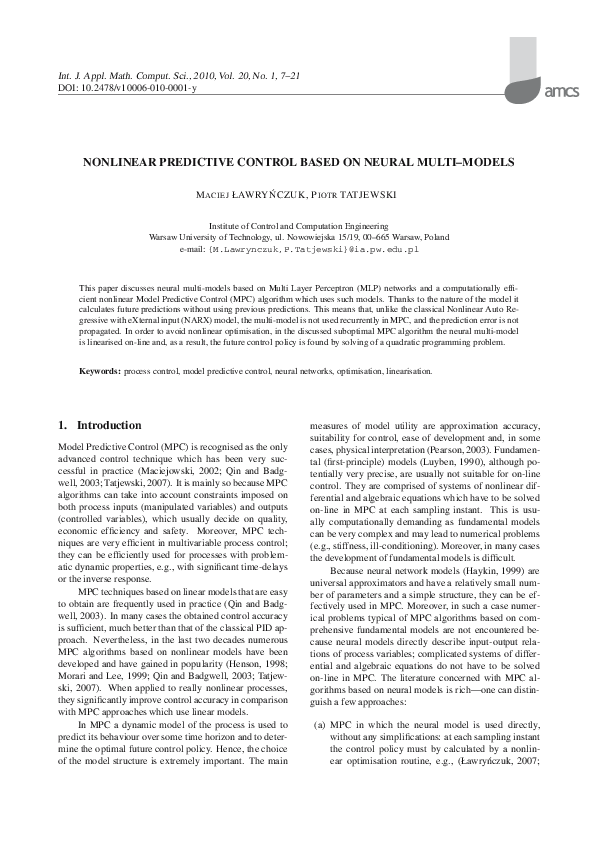 Pdf Nonlinear Predictive Control Based On Neural Multi Models