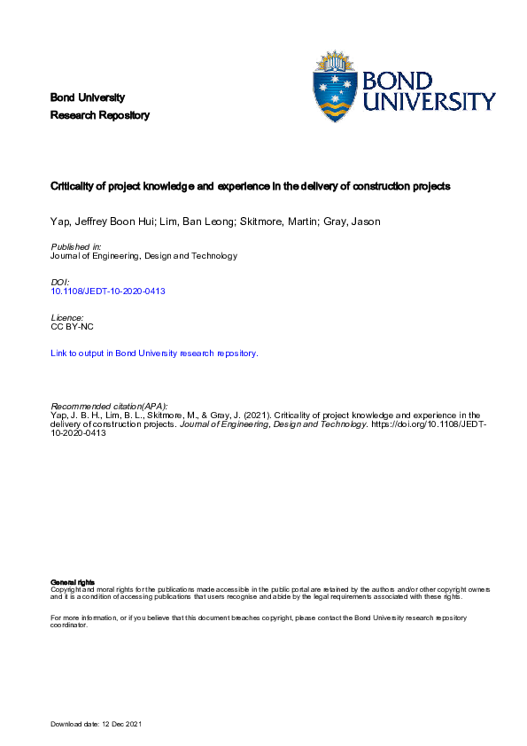 (PDF) Criticality of project knowledge and experience in the delivery ...