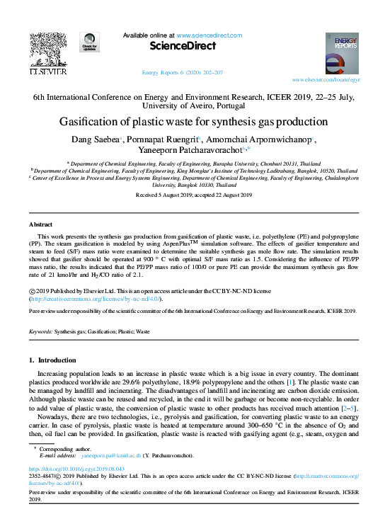 (PDF) Gasification of plastic waste for synthesis gas production