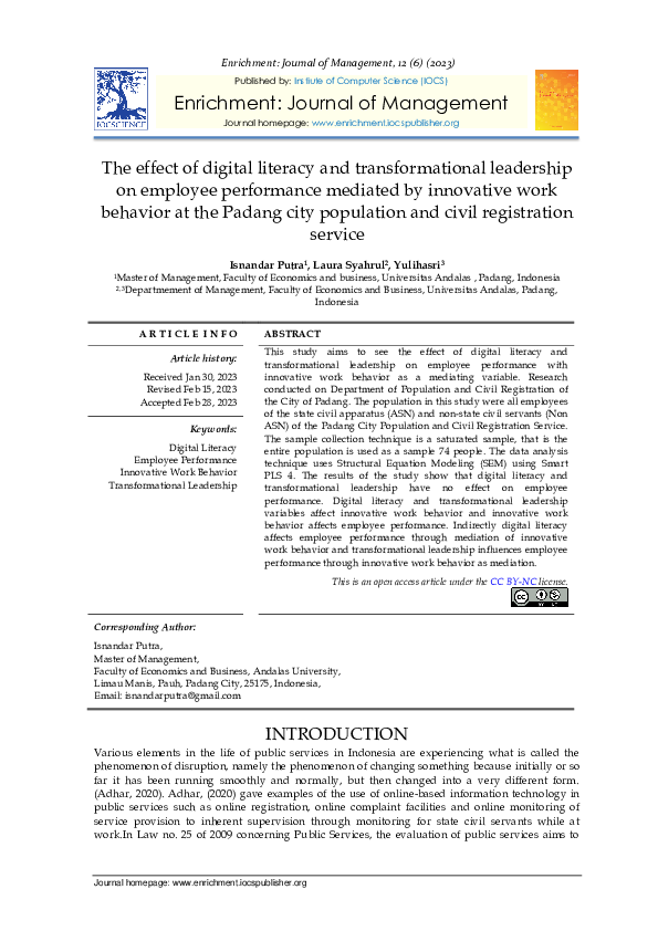(PDF) The effect of digital literacy and transformational leadership on employee performance ...