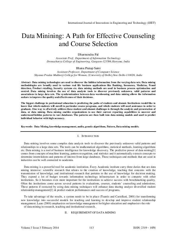 Pdf Data Minining A Path For Effective Counseling And Course 7649