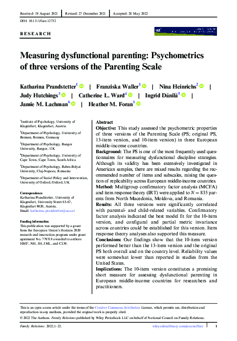 (PDF) Measuring dysfunctional parenting: Psychometrics of three ...
