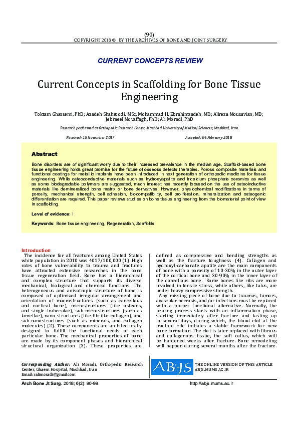 (PDF) Current Concepts in Scaffolding for Bone Tissue Engineering | Toktam Ghassemi - Academia.edu