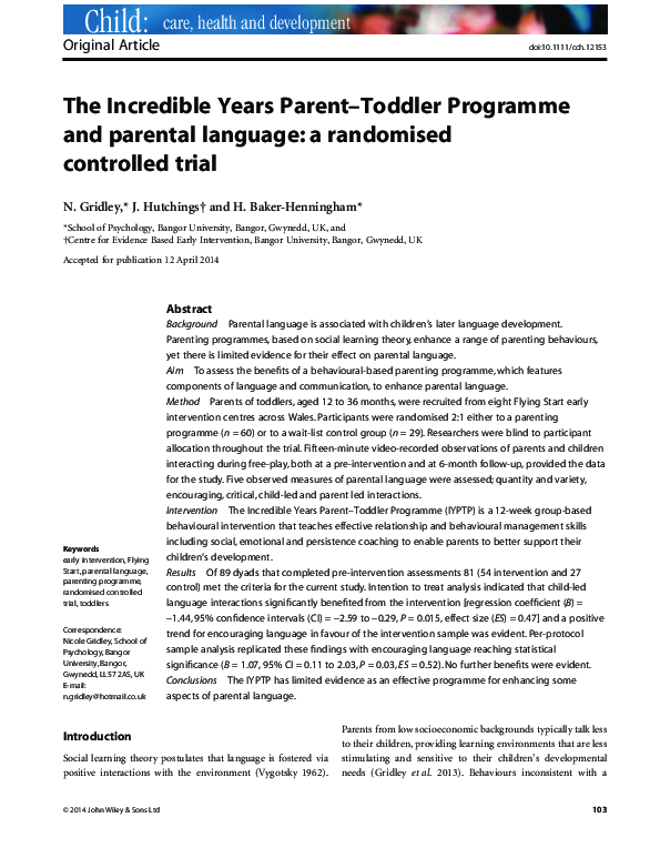 (PDF) The Incredible Years Parent-Toddler Programme and parental ...