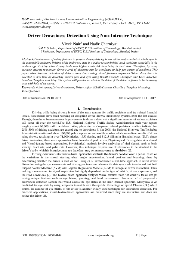Pdf Driver Drowsiness Detection Using Non Intrusive Technique