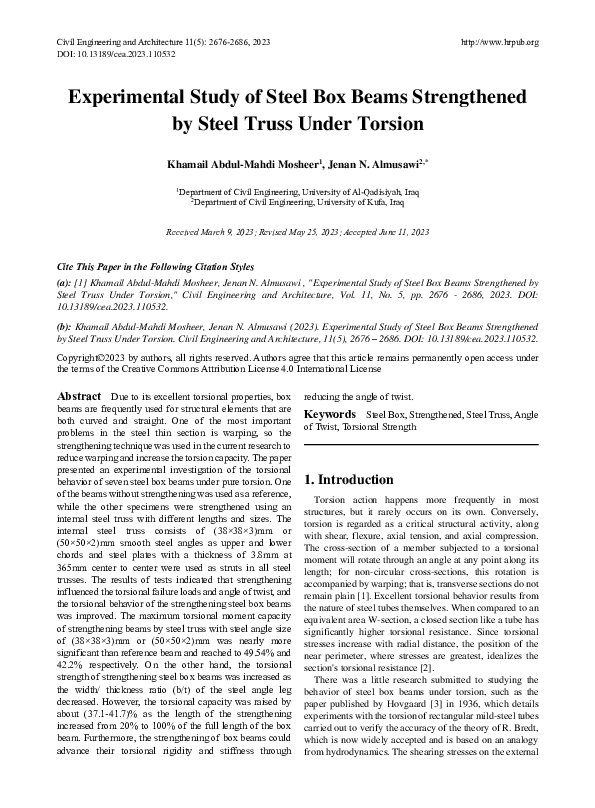 (PDF) Experimental Study of Steel Box Beams Strengthened by Steel Truss ...