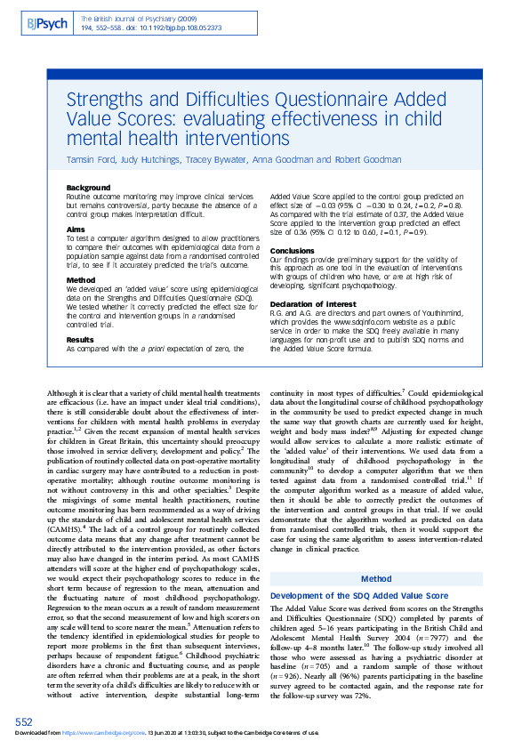 (PDF) Strengths and Difficulties Questionnaire Added Value Scores ...