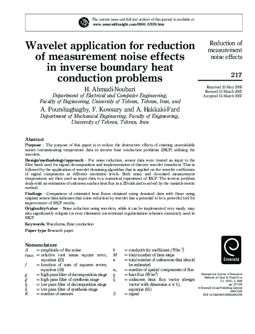 (PDF) Wavelet application for reduction of measurement noise effects in inverse boundary heat ...