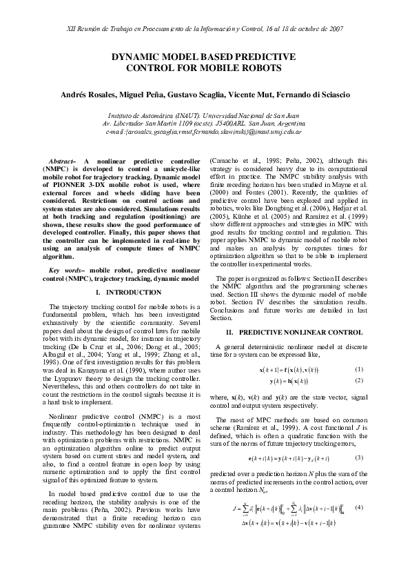 (PDF) Dynamic Model Based Predictive Control for Mobile Robots | Andres Rosales - Academia.edu