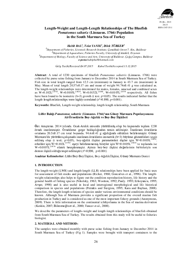 (PDF) Lüfer Balığı Pomatomus saltatrix (Linnaeus. 1766)’nın Güney ...