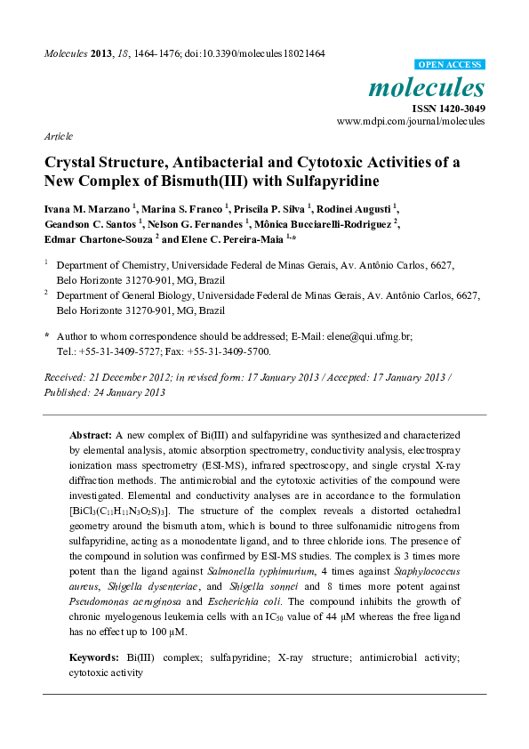 (PDF) Crystal Structure, Antibacterial and Cytotoxic Activities of a New Complex of Bismuth(III ...