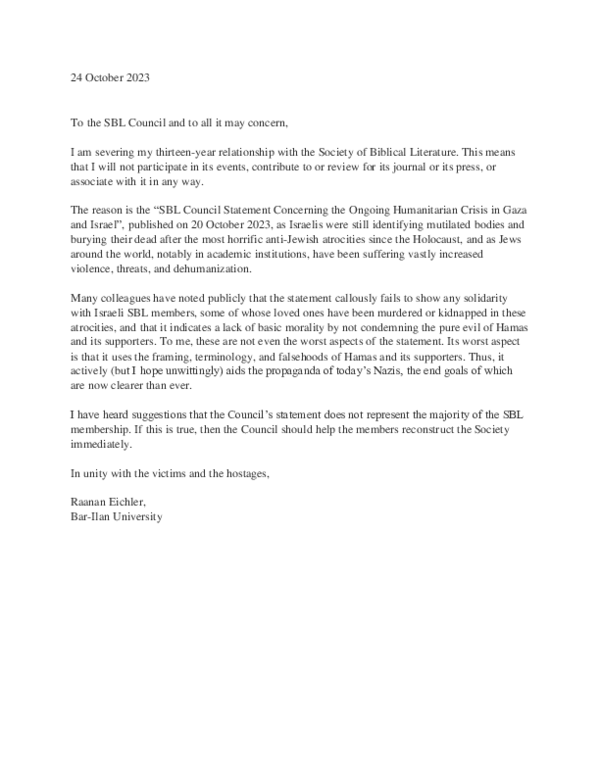 (PDF) Open letter of disaffiliation from SBL