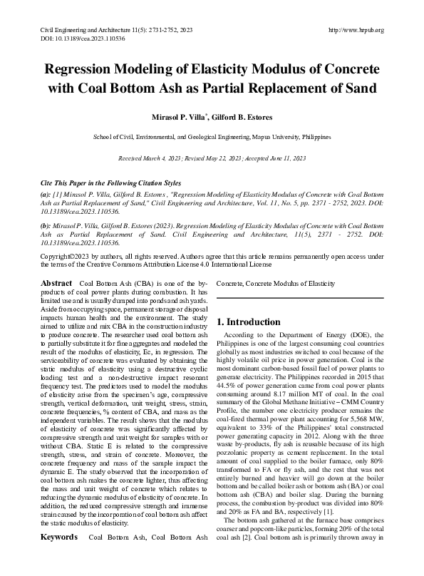 (PDF) Regression Modeling of Elasticity Modulus of Concrete with Coal Bottom Ash as Partial ...