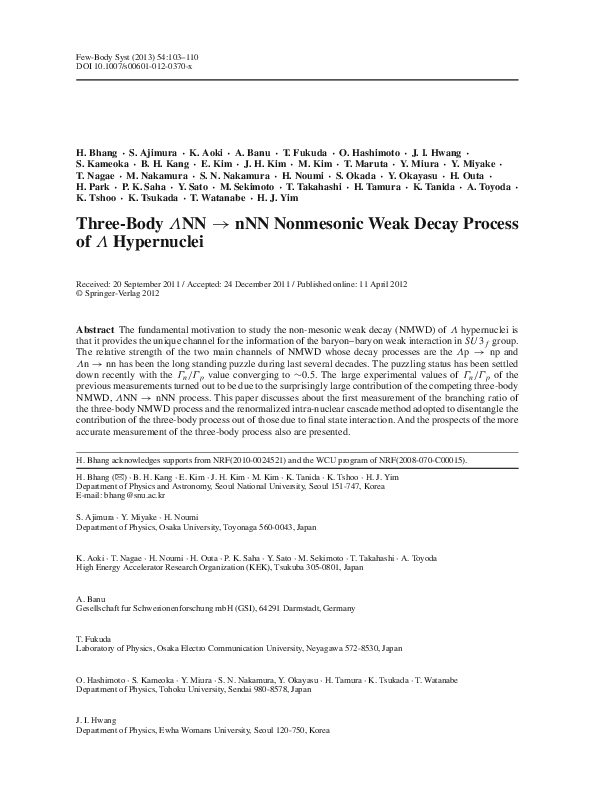 (PDF) Three-Body ΛNN → nNN Nonmesonic Weak Decay Process of Λ Hypernuclei