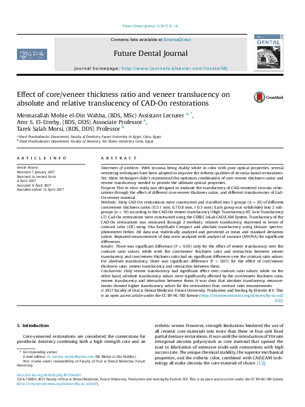 (PDF) Effect of core/veneer thickness ratio and veneer translucency on absolute and relative ...