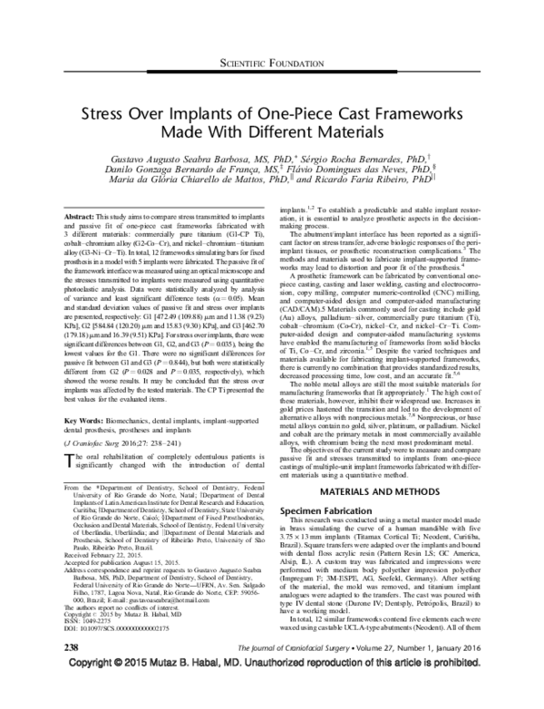 (PDF) Stress Over Implants of One-Piece Cast Frameworks Made With ...