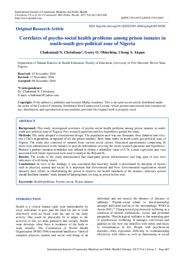 Pdf Correlates Of Psycho Social Health Problems Among Prison Inmates