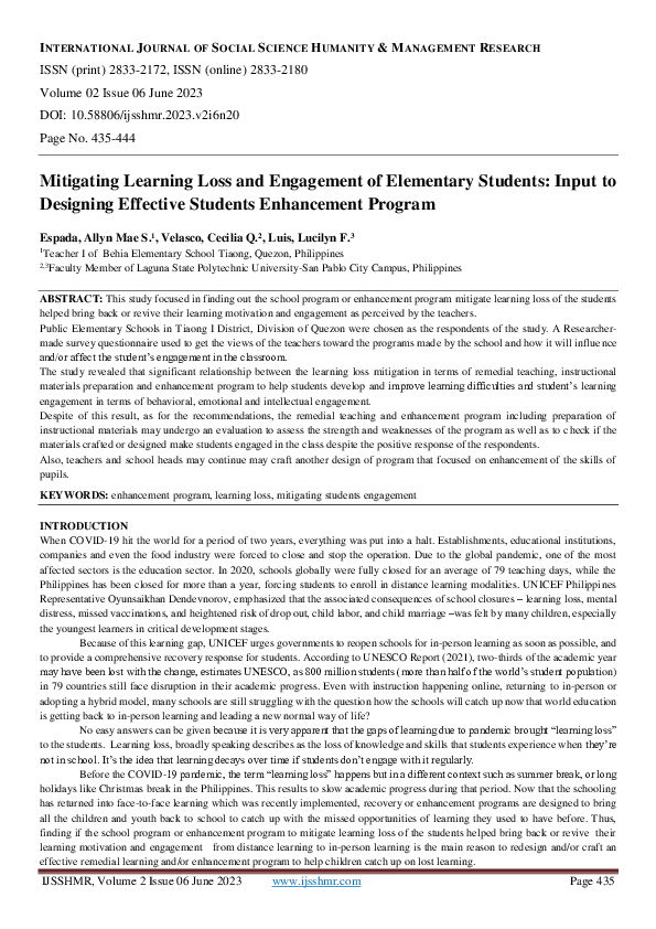 (PDF) Mitigating Learning Loss and Engagement of Elementary Students: Input to Designing ...