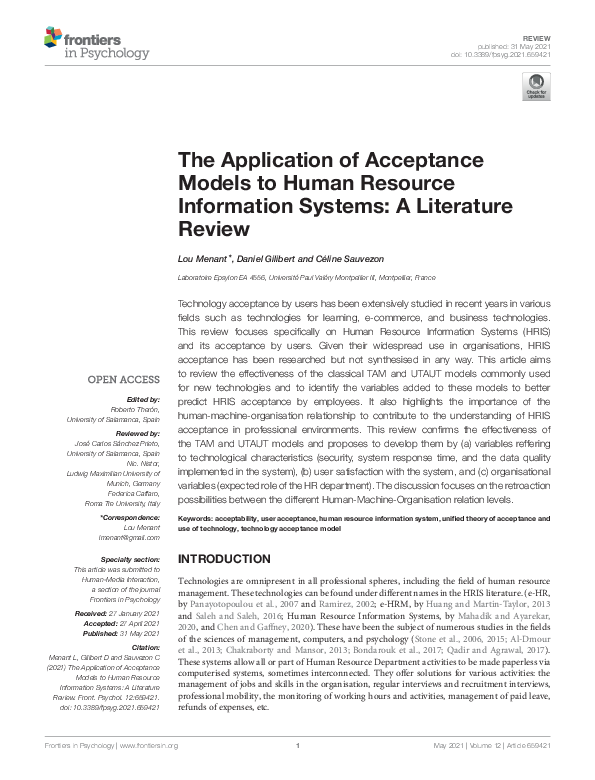 (PDF) The Application of Acceptance Models to Human Resource ...