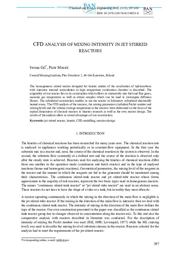 (PDF) CFD analysis of mixing intensity in jet stirred reactors
