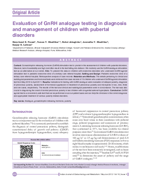 (PDF) Evaluation of GnRH analogue testing in diagnosis and management ...