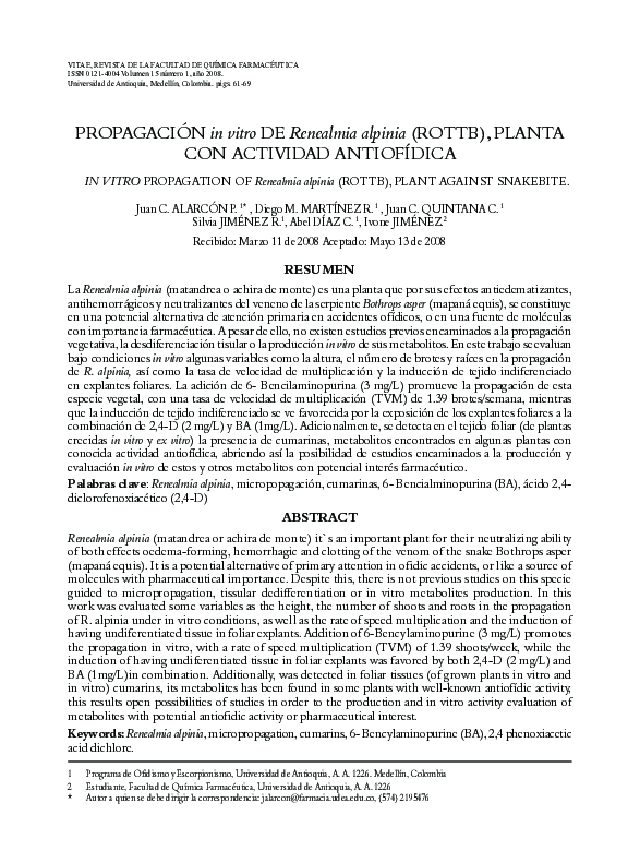 (PDF) IN VITRO propagation of Renealmia alpinia (Rottb), plant against ...