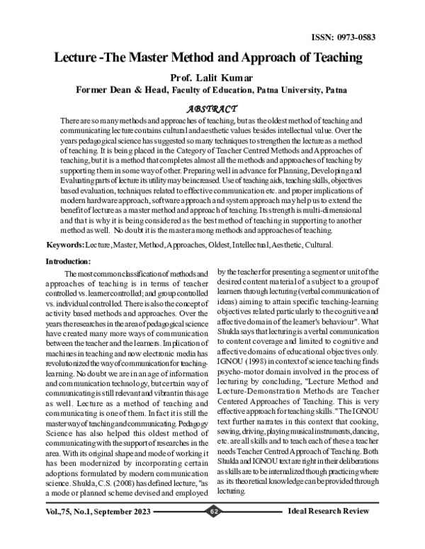 (PDF) Lecture - The Master Method and Approach of Teaching