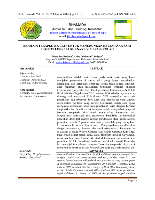 (PDF) Penerapan Bermain Terapeutik Clay Untuk Menurunkan Kecemasan Saat ...