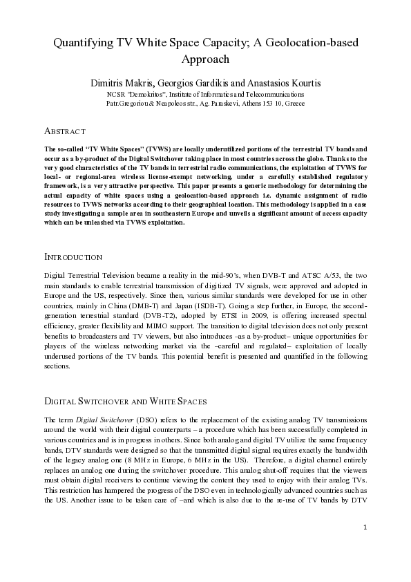 (PDF) Quantifying TV White Space Capacity; A Geolocation-based Approach