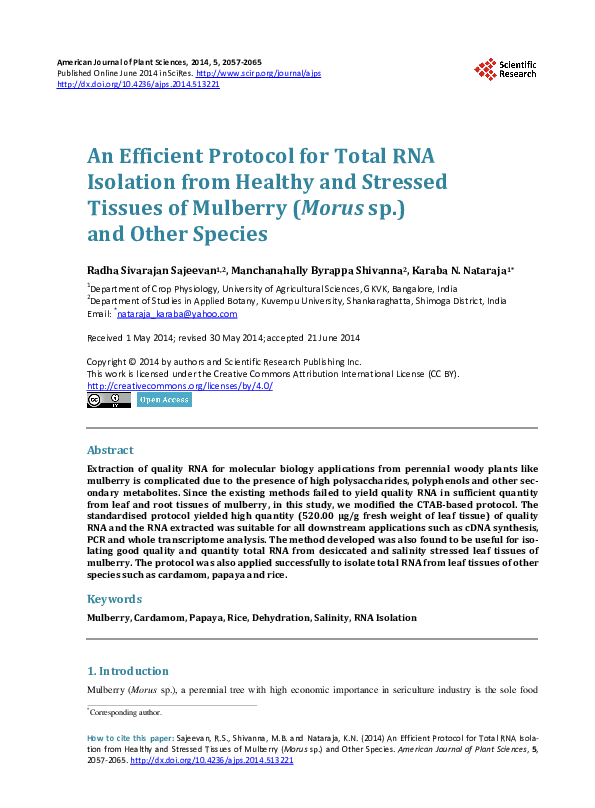 Pdf An Efficient Protocol For Total Rna Isolation From Healthy And Stressed Tissues Of