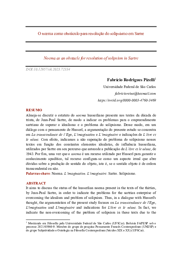 (PDF) O noema como obstáculo para resolução do solipsismo em Sartre