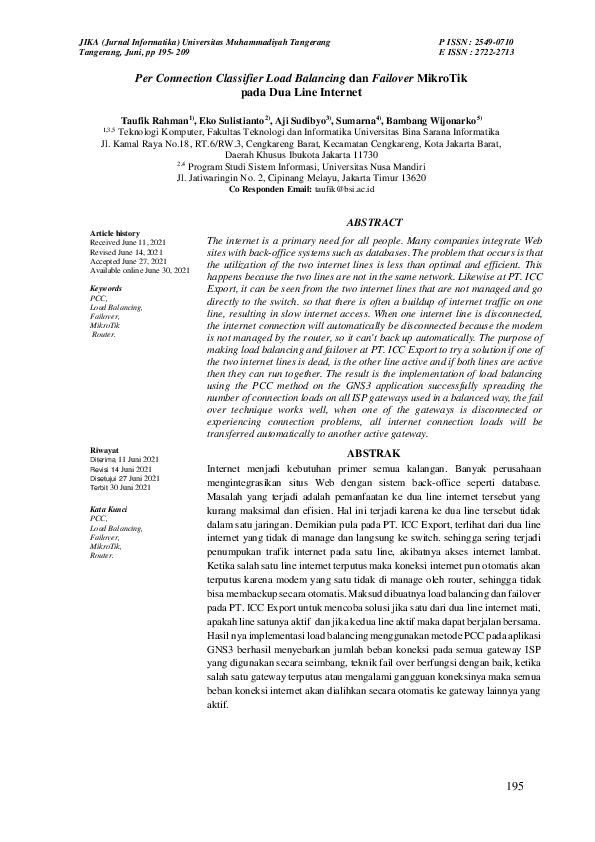 (PDF) Per Connection Classifier Load Balancing dan Failover MikroTik pada Dua Line Internet