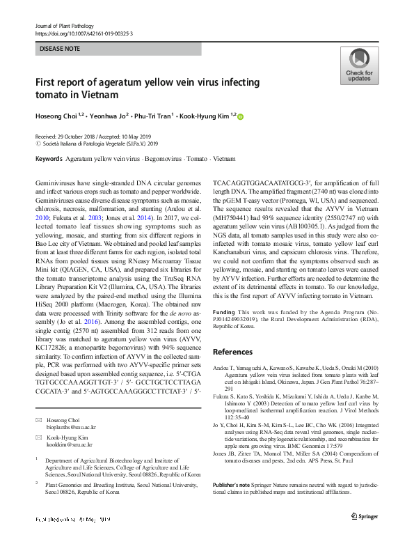 (PDF) First report of ageratum yellow vein virus infecting tomato in ...