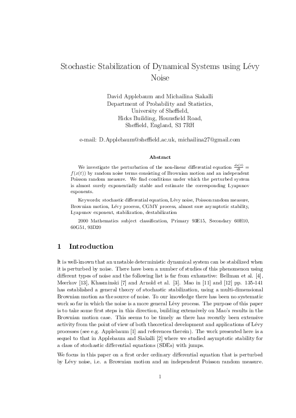 (PDF) Stochastic Stabilization of Dynamical Systems Using Lévy Noise