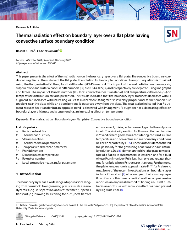 Pdf Thermal Radiation Effect On Boundary Layer Over A Flat Plate Having Convective Surface