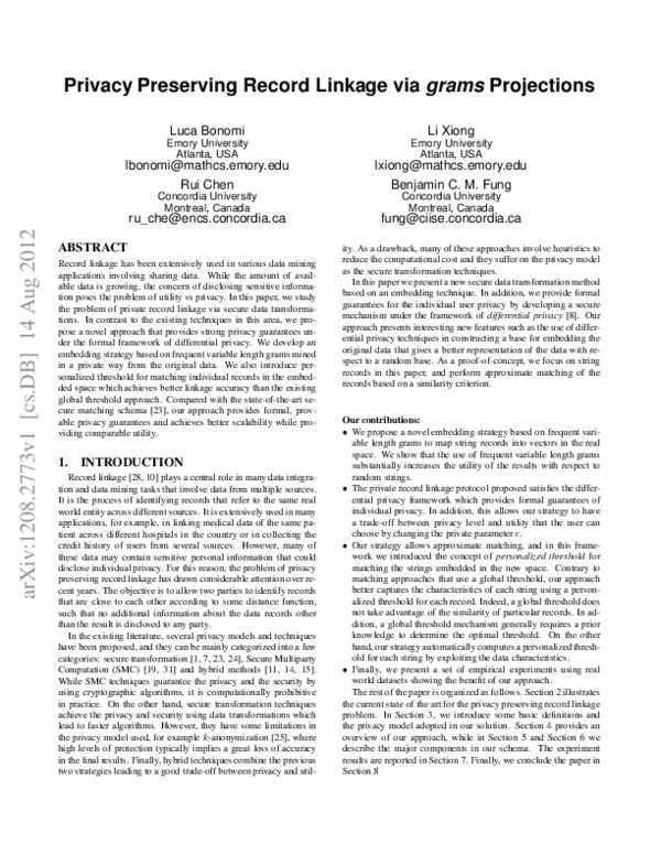(PDF) Privacy Preserving Record Linkage via grams Projections