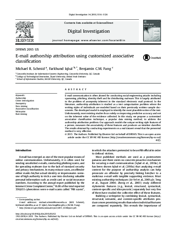 Pdf E Mail Authorship Attribution Using Customized Associative