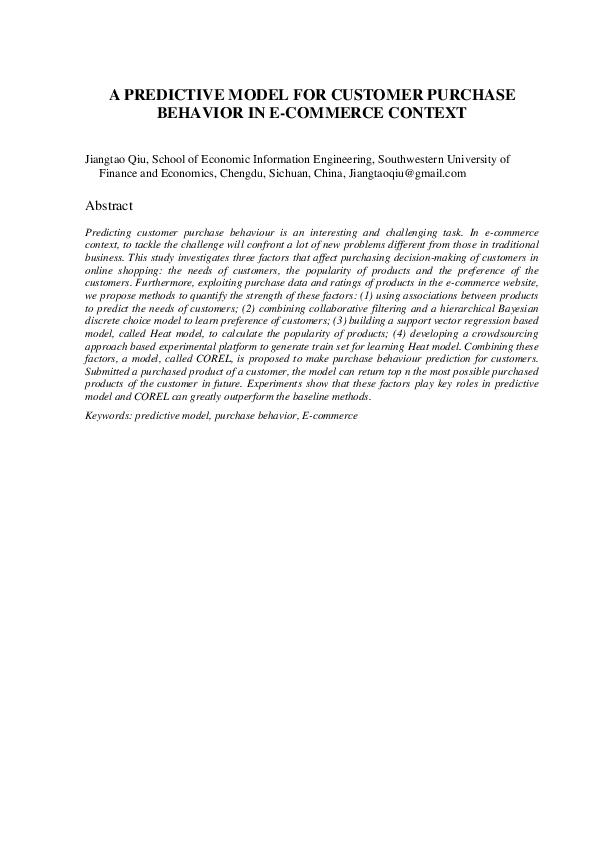 Pdf Predicting Customer Purchase Behavior In The E Commerce Context