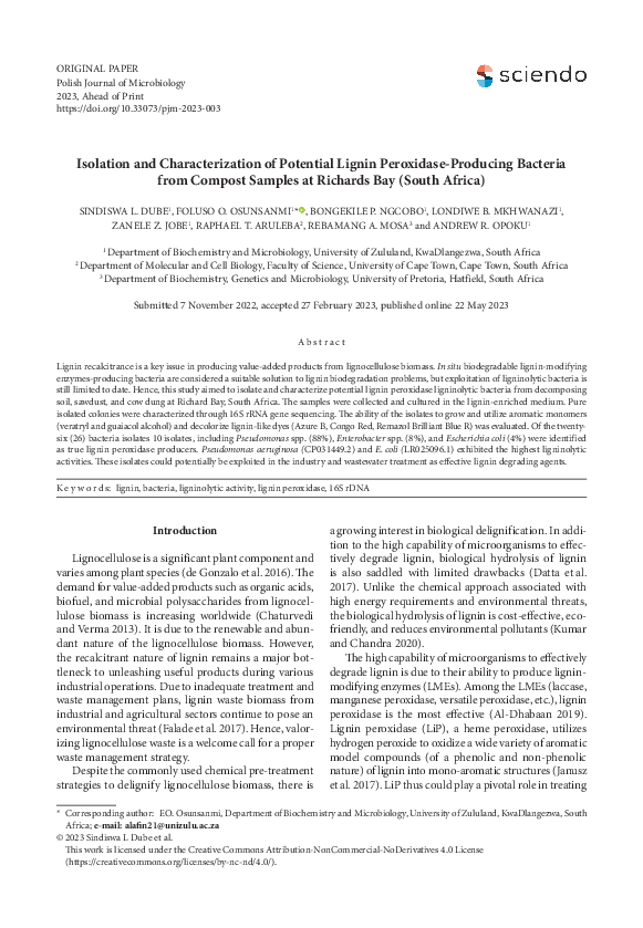 (PDF) Isolation and Characterization of Potential Lignin Peroxidase-Producing Bacteria from ...
