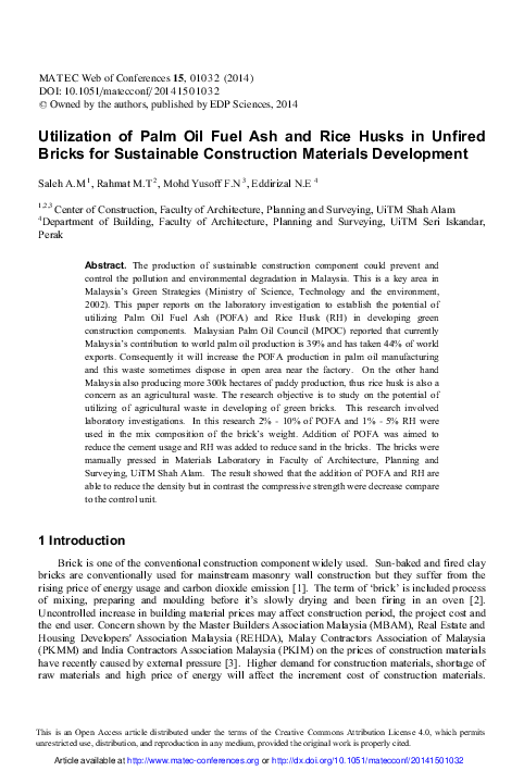 (PDF) Utilization of Palm Oil Fuel Ash and Rice Husks in Unfired Bricks ...