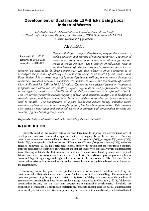 (PDF) Development of Sustainable LSP-Bricks Using Local Industrial ... (PDF) Development of Sustainable LSP-Bricks Using Local Industrial ...