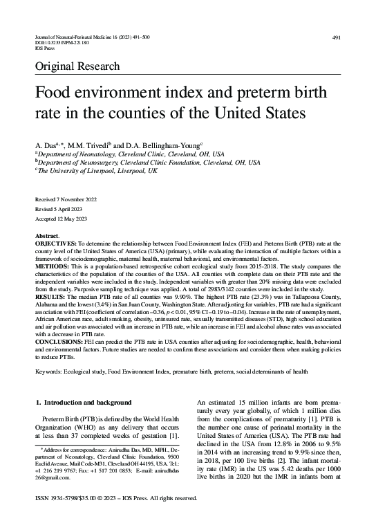 (PDF) Food environment index and preterm birth rate in the counties of ...