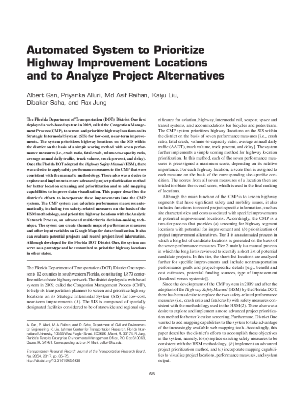 (PDF) Automated System to Prioritize Highway Improvement Locations and to Analyze Project ...
