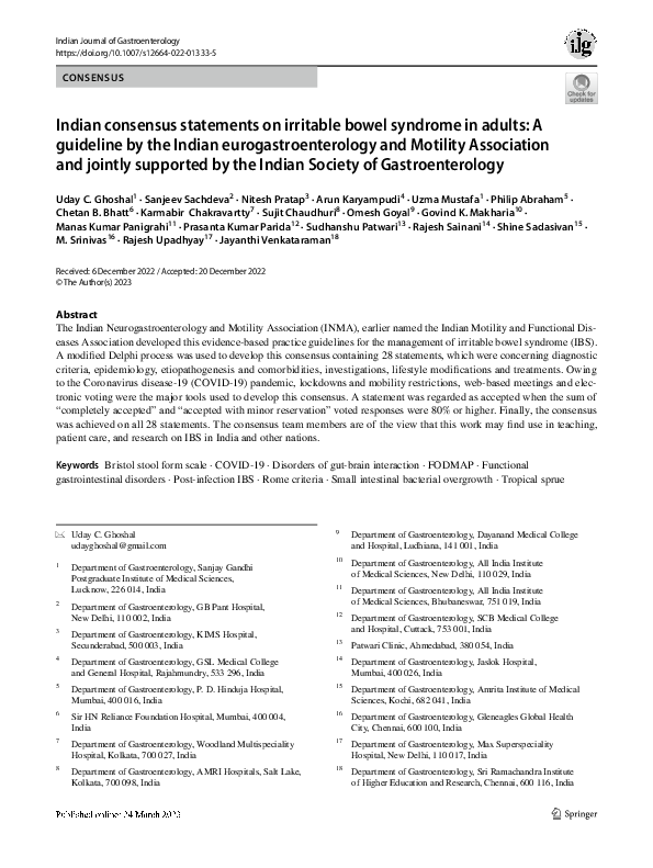 (PDF) Indian consensus statements on irritable bowel syndrome in adults: A guideline by the ...