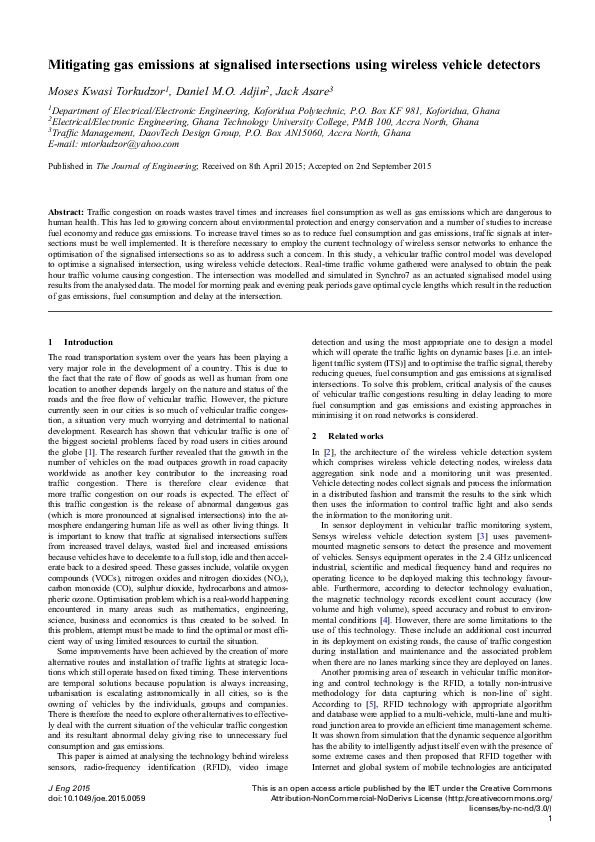 (PDF) Mitigating gas emissions at signalised intersections using wireless vehicle detectors