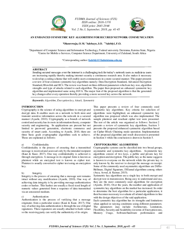 Pdf An Enhanced Symmetric Key Algorithm For Secured Network Communication Oyenike Olanrewaju